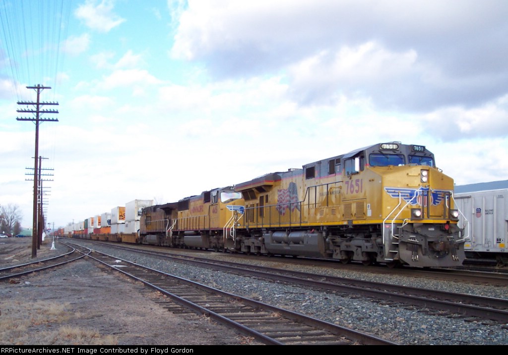 UP 7651 leads double stack train eastbound